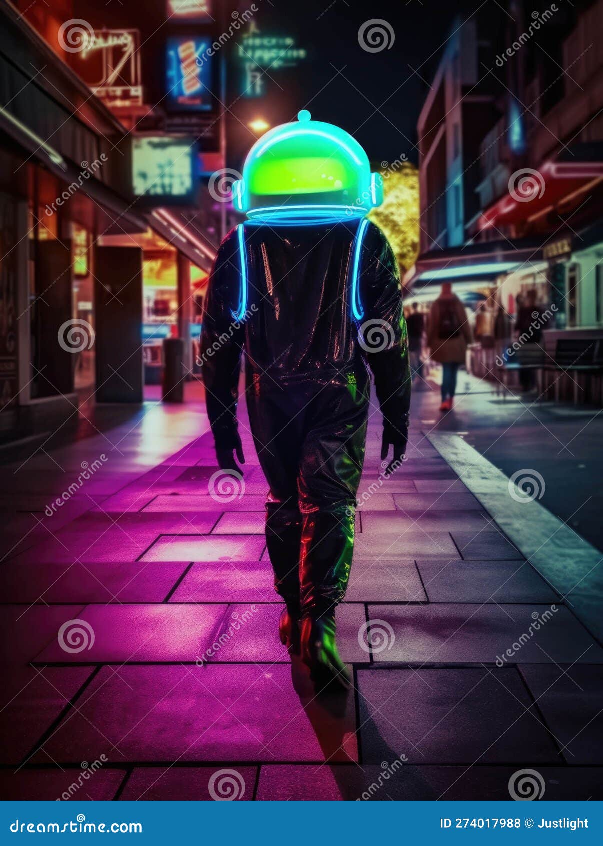 An Android Walks Down a Neonlit Street Flashing LED Lights from Its ...