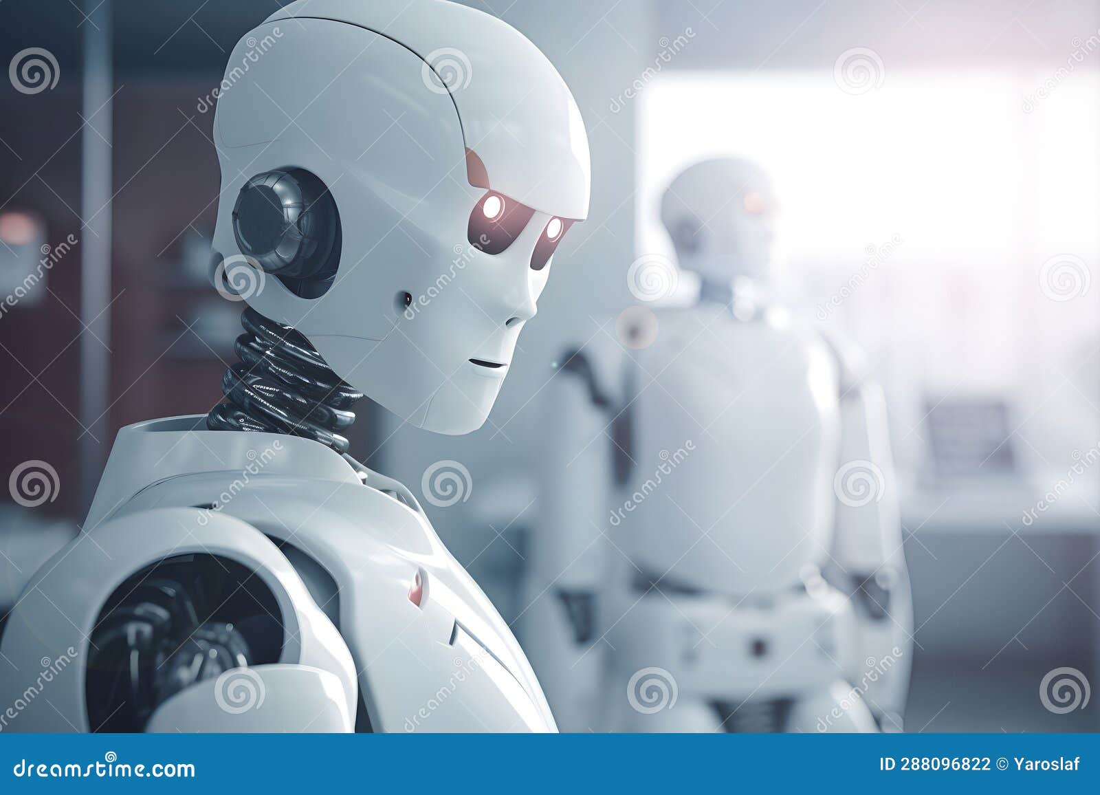 Android White Robot Thinking in Business Office Closeup. Stock Photo ...
