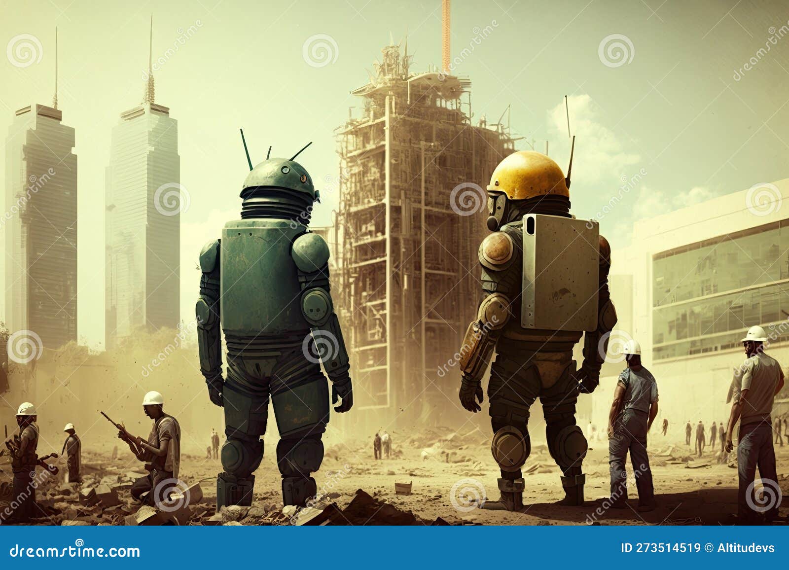 Androids Working Together on Construction Site, Building Towering ...