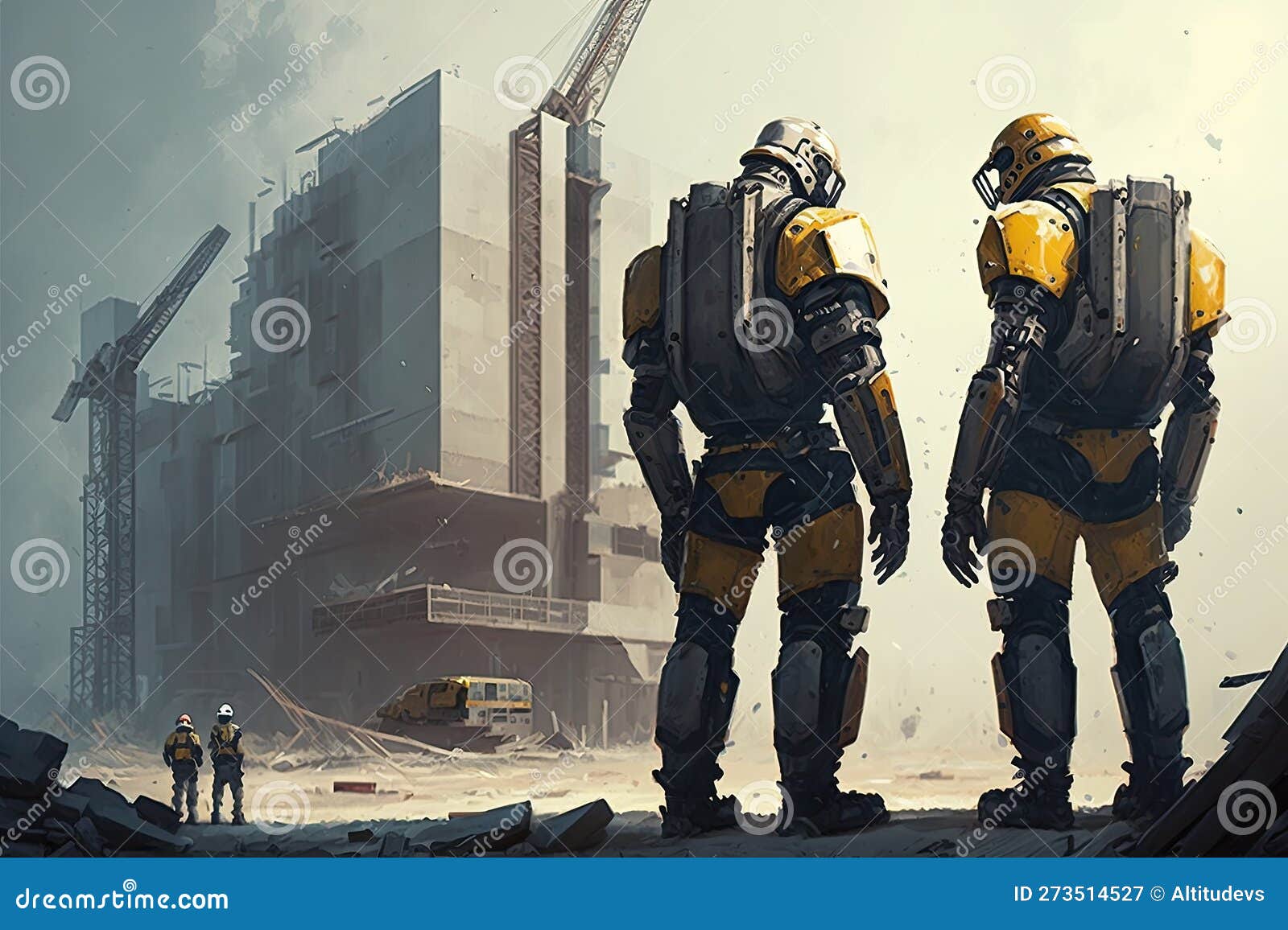 Androids Working Together on Construction Site, Building Towering ...