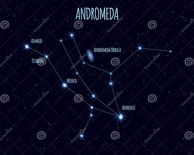 Andromeda Constellation, Vector Illustration with the Names of Basic ...