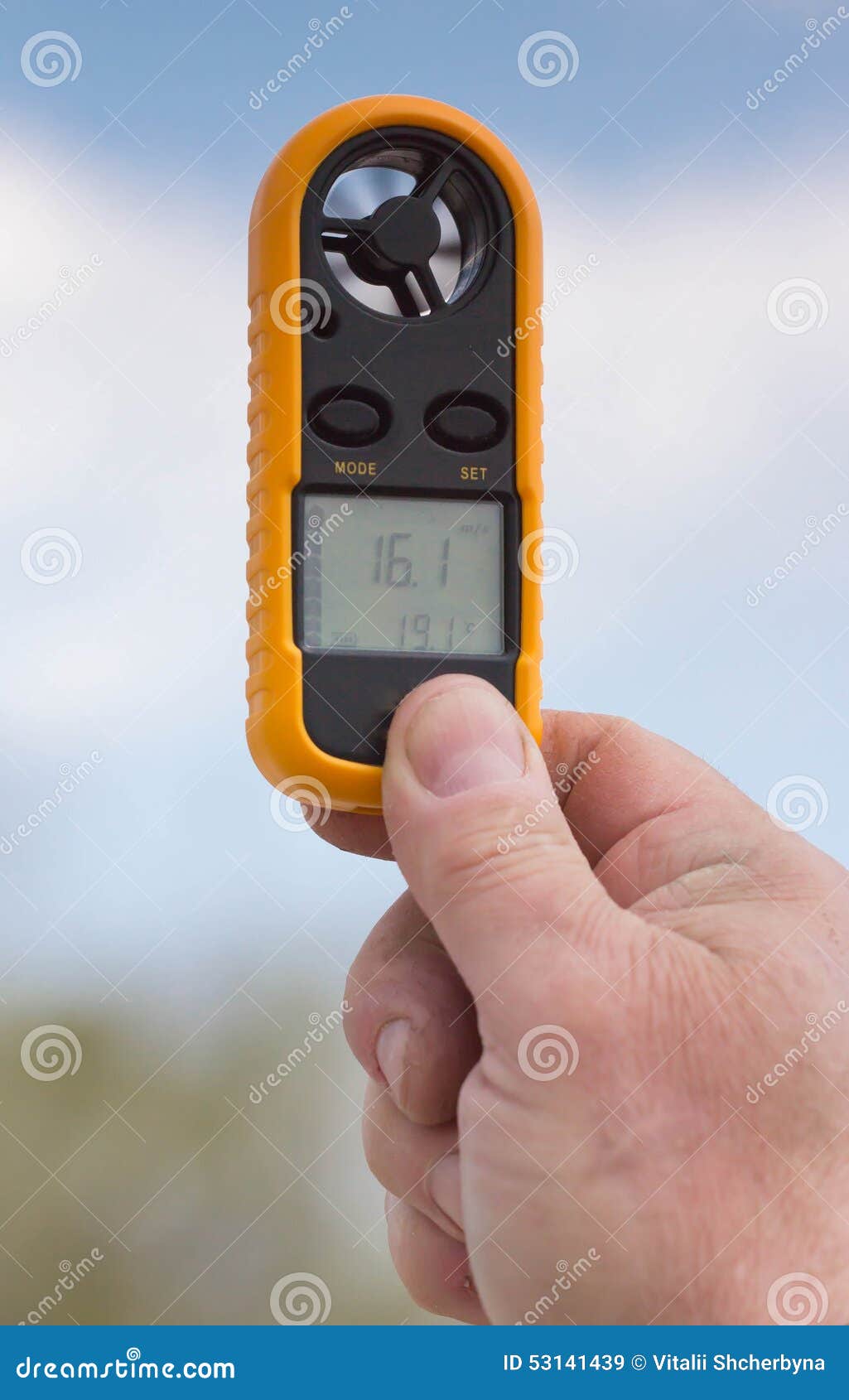 Anemometer in the Hand of Man, Wind Speed 16.1 Ms . Clouse-up Stock ...