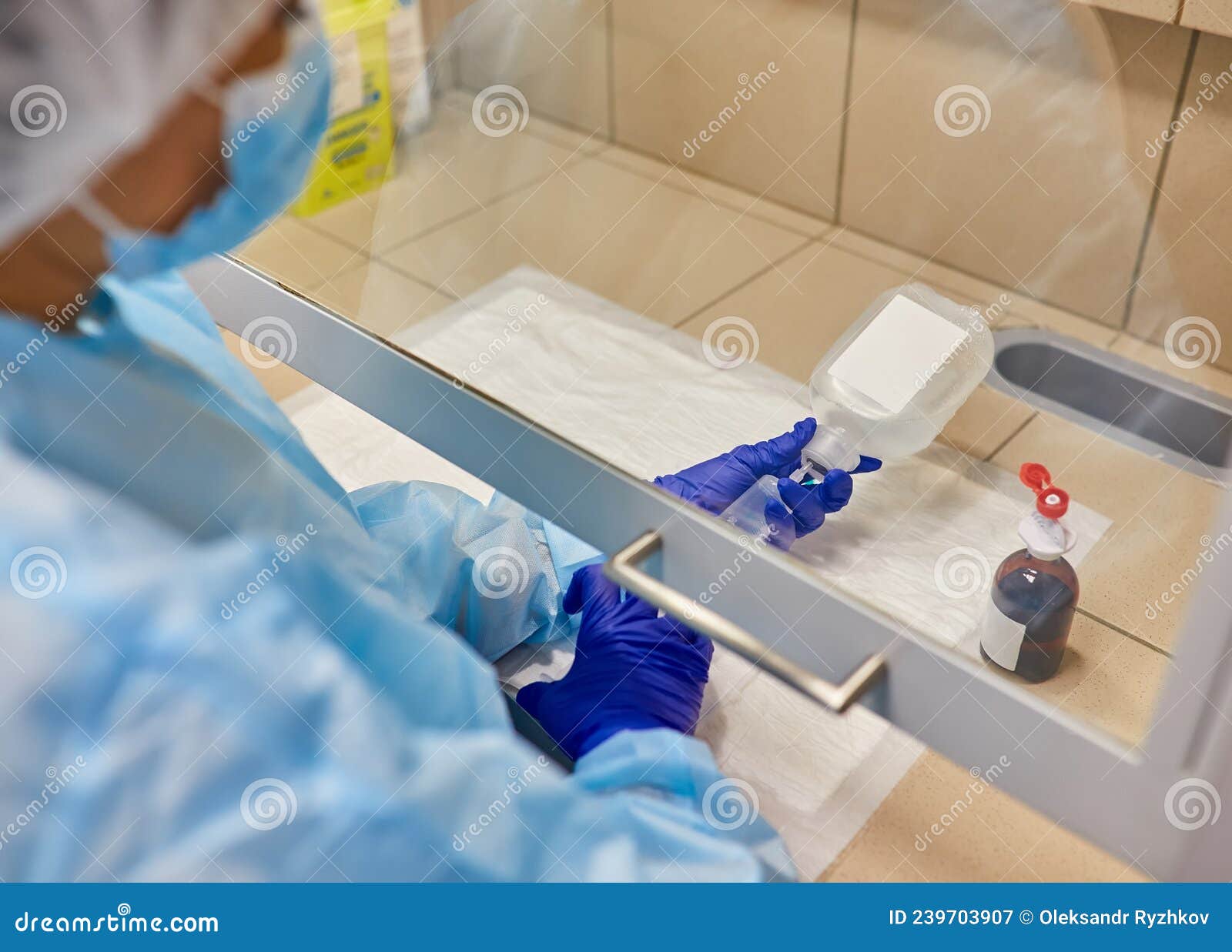 Anesthesiologist Doctors Hand Inject Syringe into Mixing Normal Saline ...