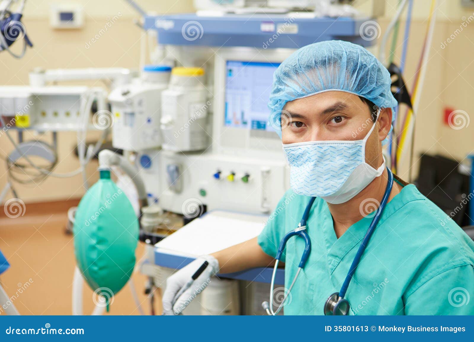 Anesthetist At A Operating Room Setting The Anesthesia Machine Royalty ...
