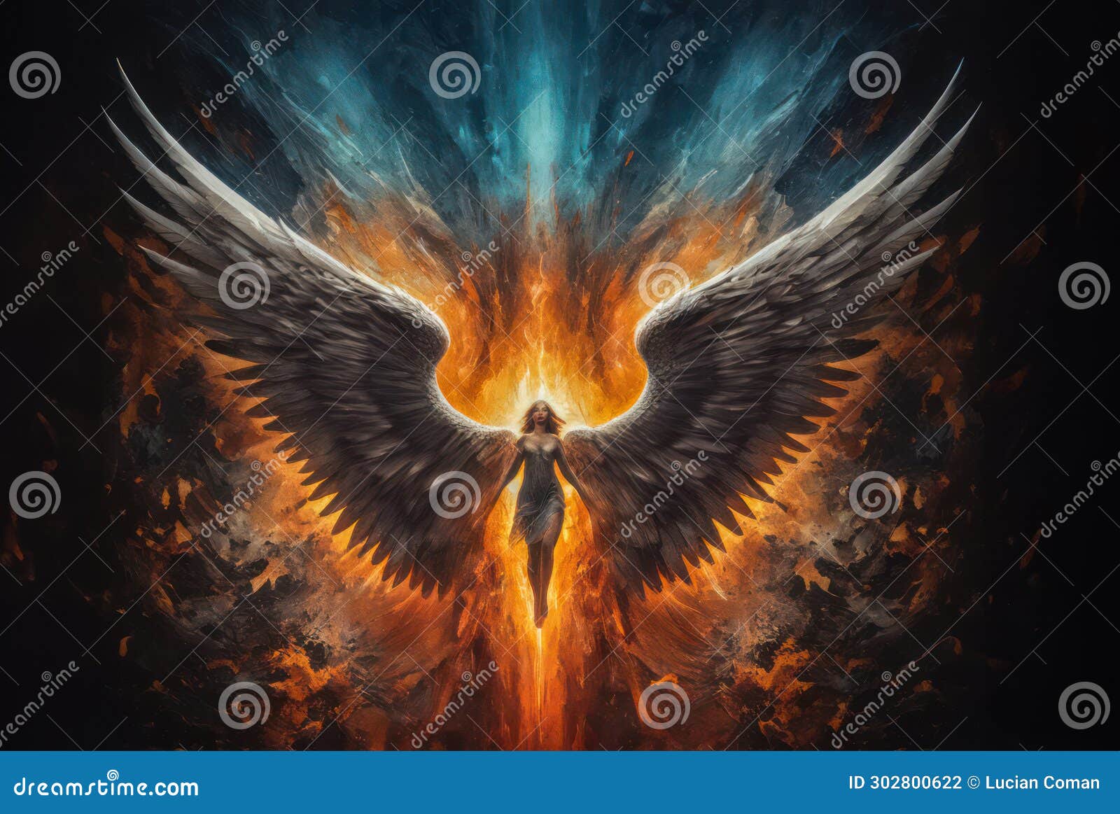 Angel with Big Wings, Fire Sky Background, with Exploding Elements ...