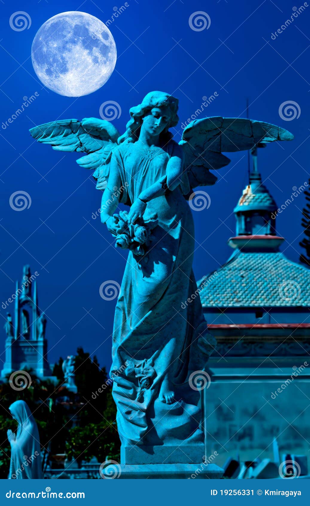 Angel in a Cemetery at Midnight Stock Image - Image of graveyard ...