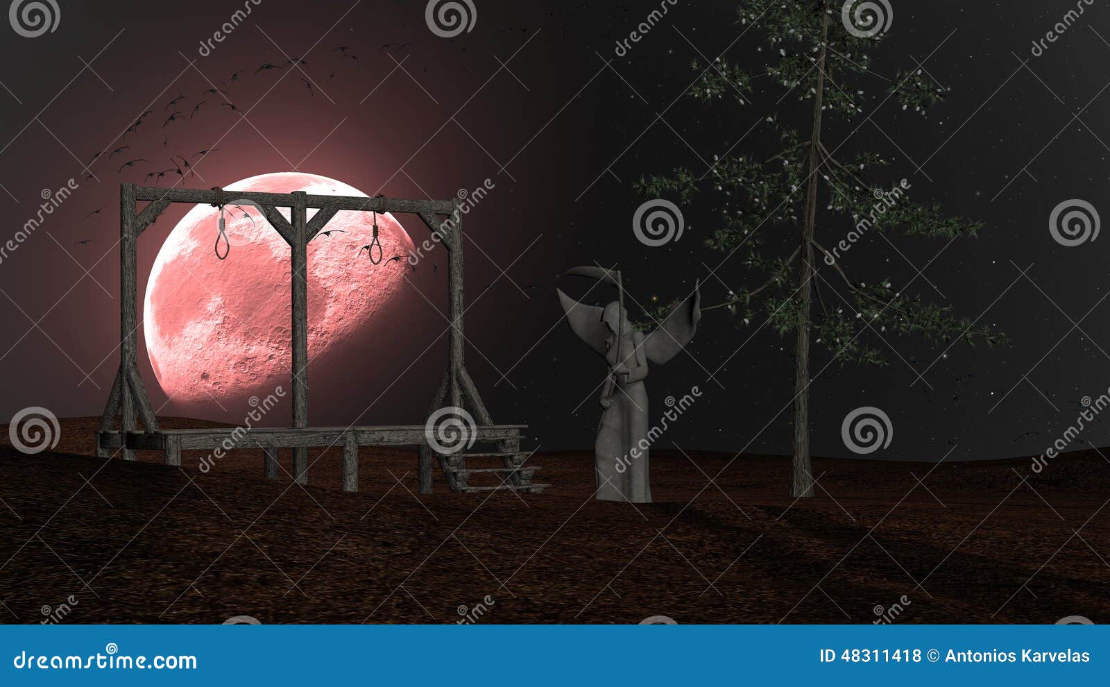 Angel Of Death - Spooky Night Background With Gallows, Crows And Red ...