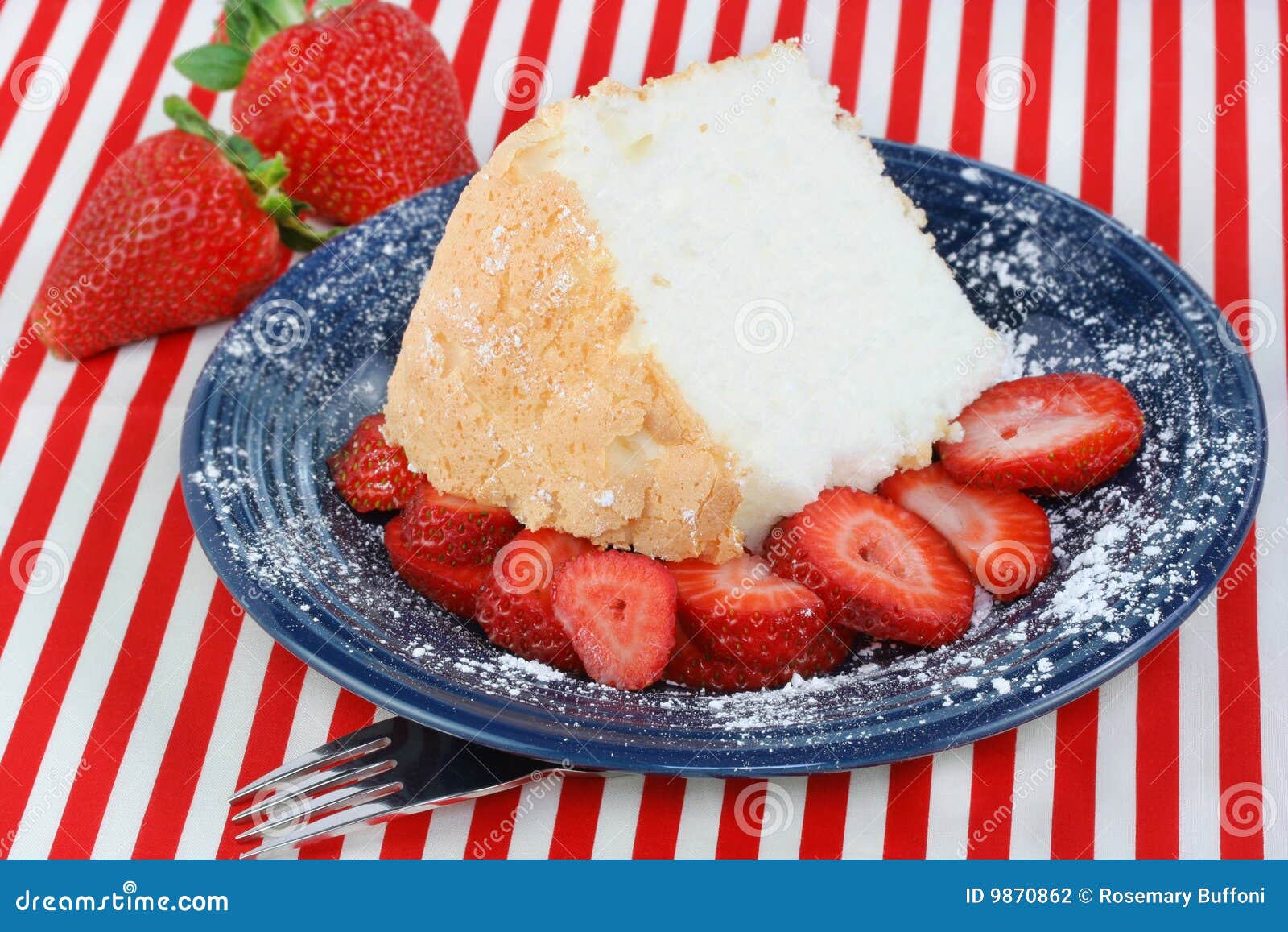 Angel Food Cake and Strawberries Stock Photo - Image of tablecloth ...