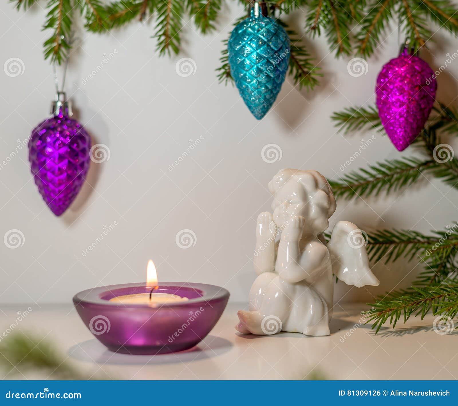 Angel is Looking on Candle Fire Under the Fir Branches Stock Photo ...