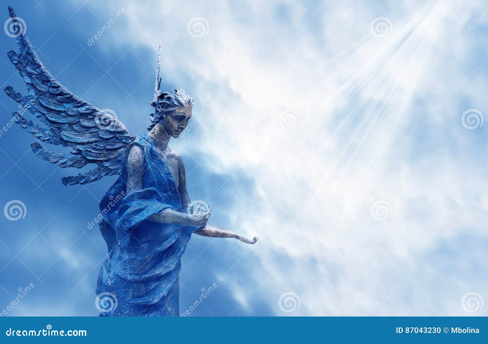 Angel Over Blue Sky with Rays of Sun Light Stock Photo - Image of pray ...