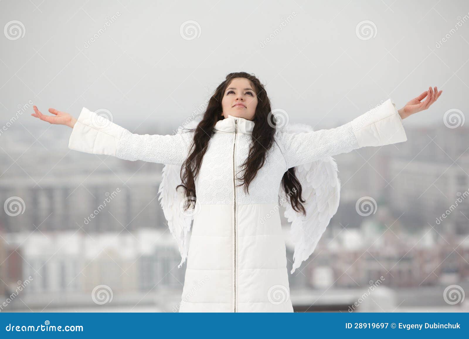 Angel with Raised Hands Looking Up Stock Image - Image of fairy, dress ...
