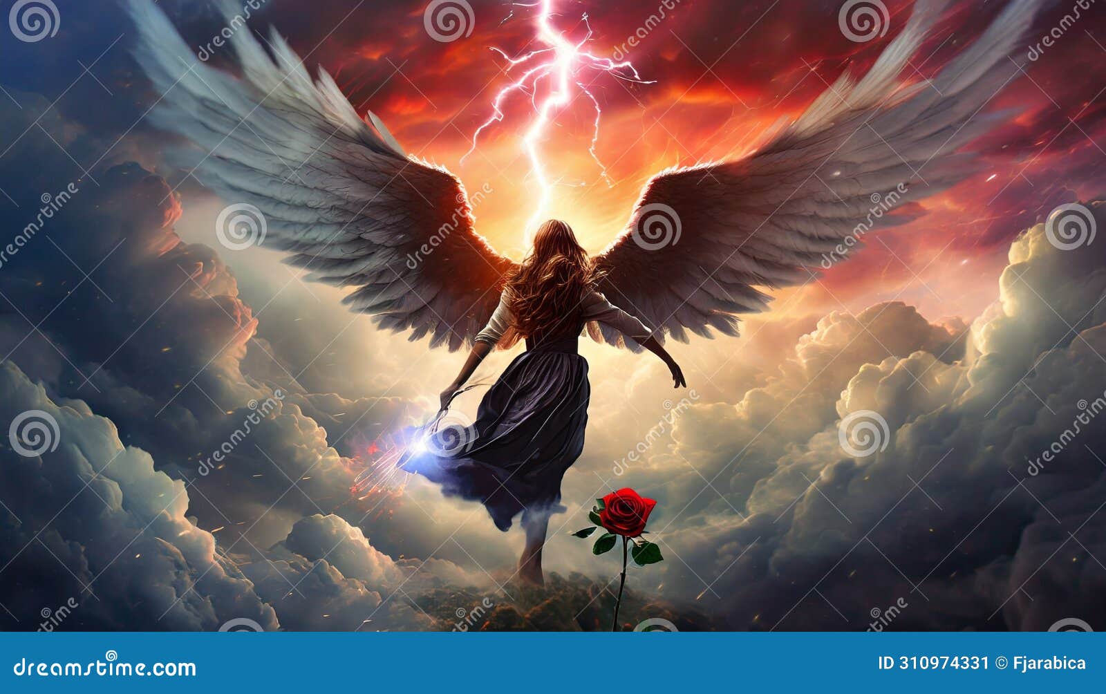 Angel with Red Rose in the Clouds Stock Illustration - Illustration of ...