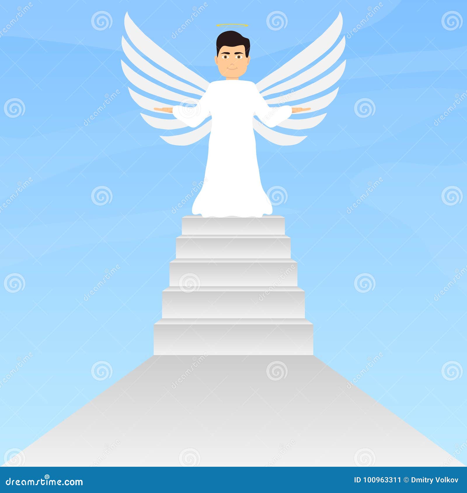 Angel Stands on the Steps, Angel with Wings and Halo Stock Vector ...