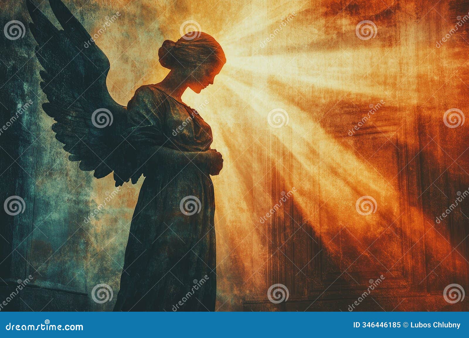 Angel Statue Praying with Light Rays Shining Down in Dramatic Scene ...