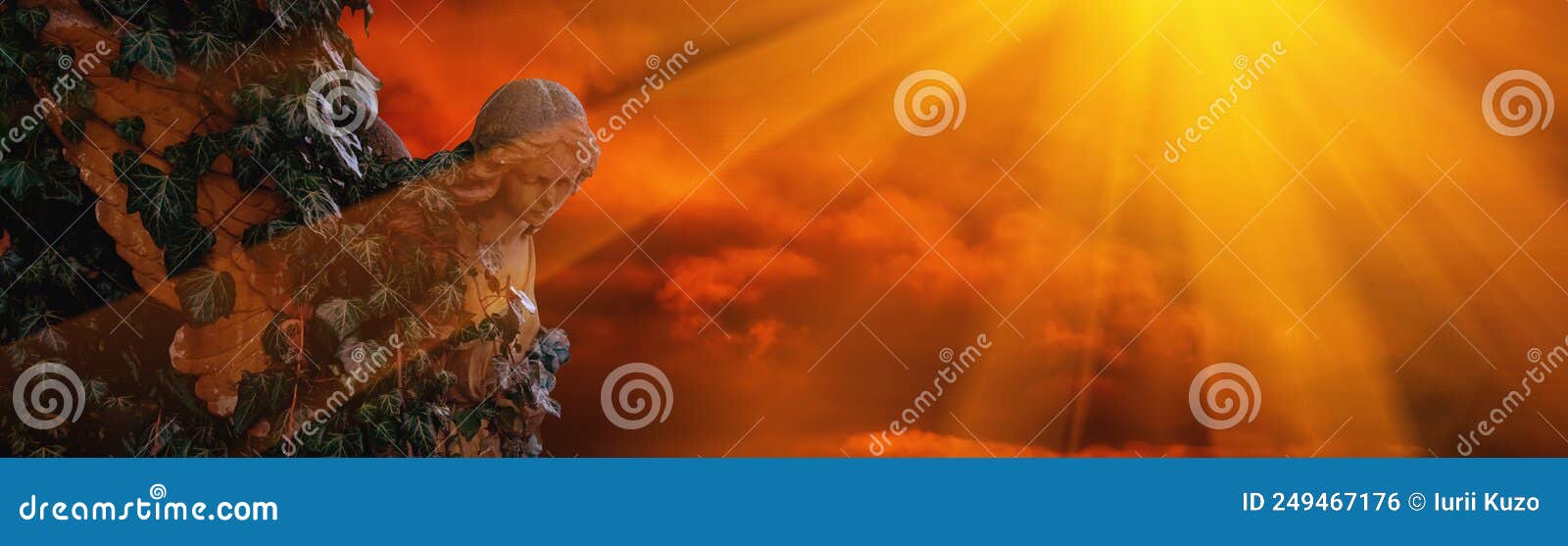 Angel in Sun Rays Against Dramatic View of Cloudy Sky. Copy Space for ...