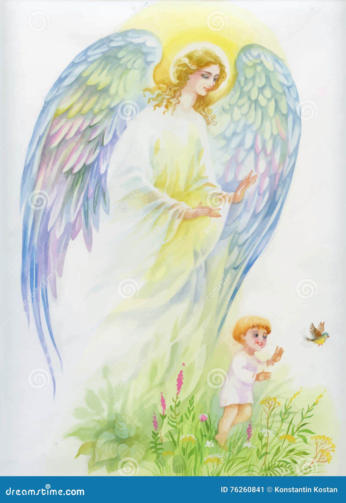 Angel with Wings Flying Over Child. Stock Vector - Illustration of ...