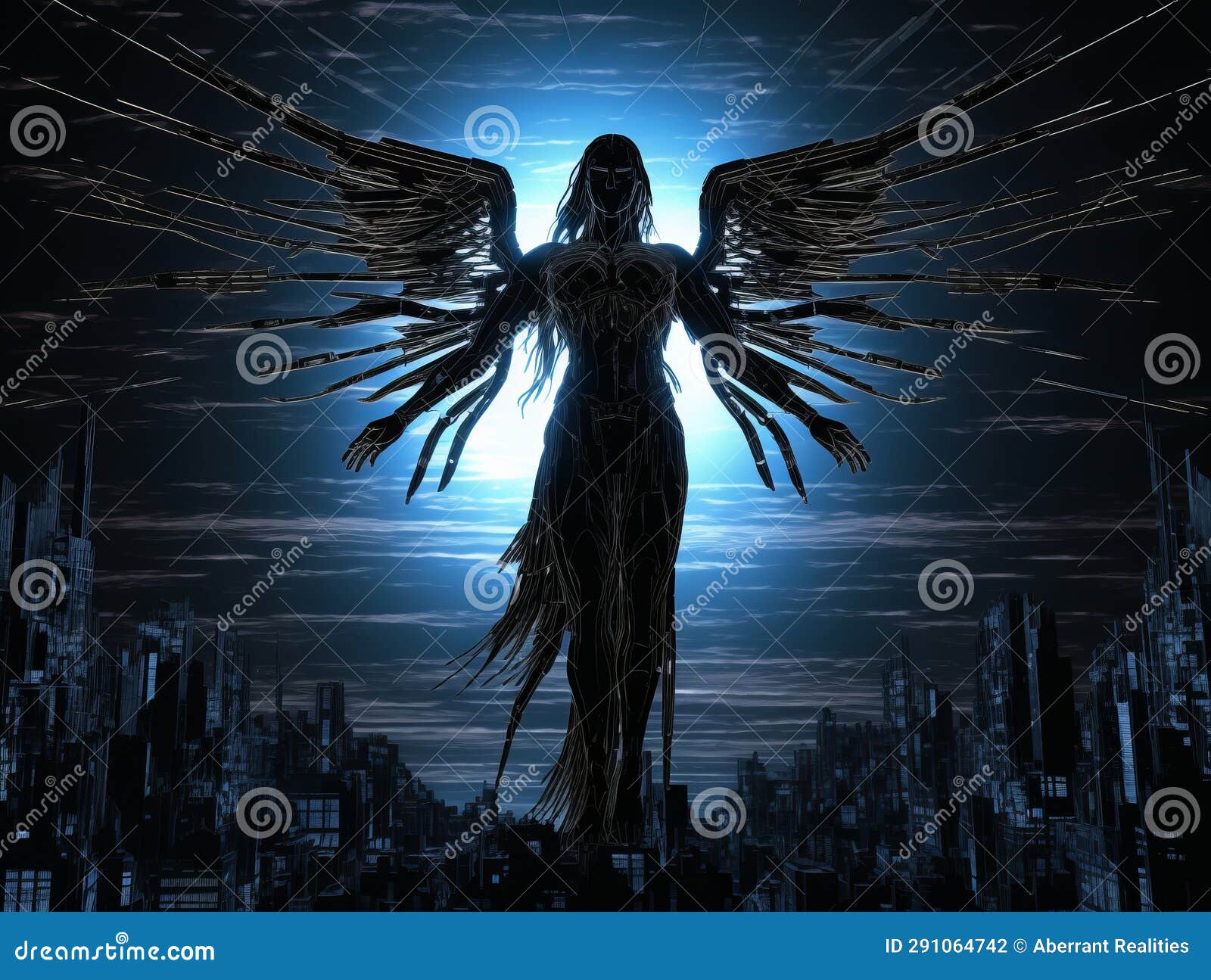 An Angel with Wings Standing in Front of a City at Night Stock ...