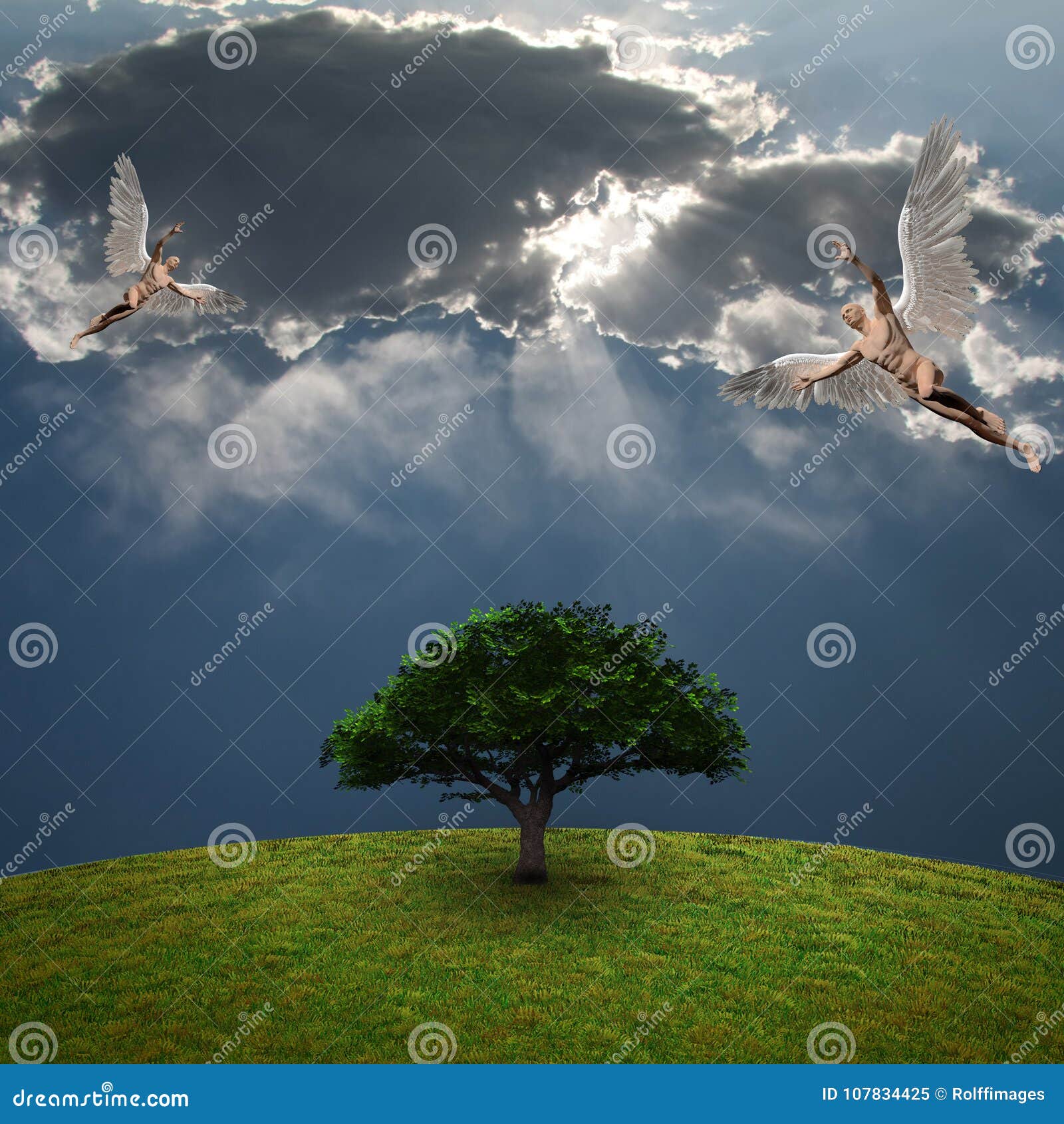 Angels above green tree stock image. Image of green - 107834425