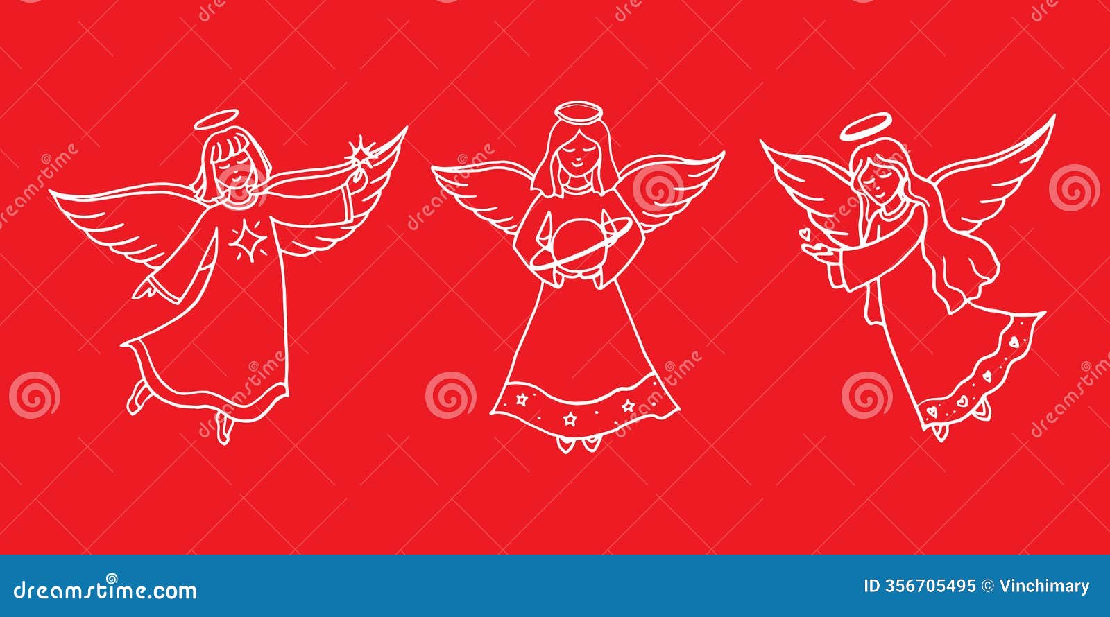 Angels Hand Drawn Linear Illustration on Isolated Red Color Background ...