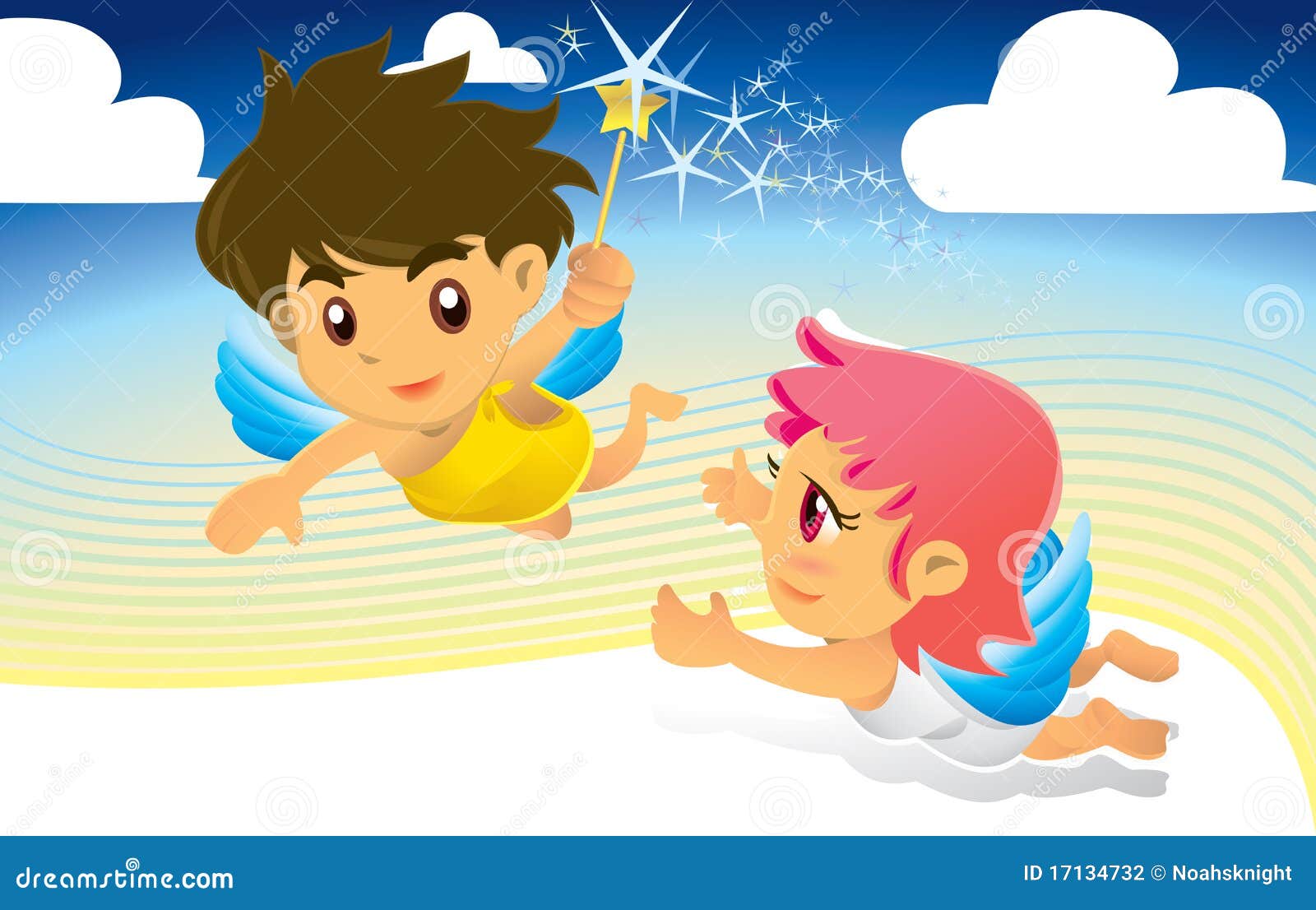 Angels With A Magic Wand, Flying In The Sky Stock Illustration ...