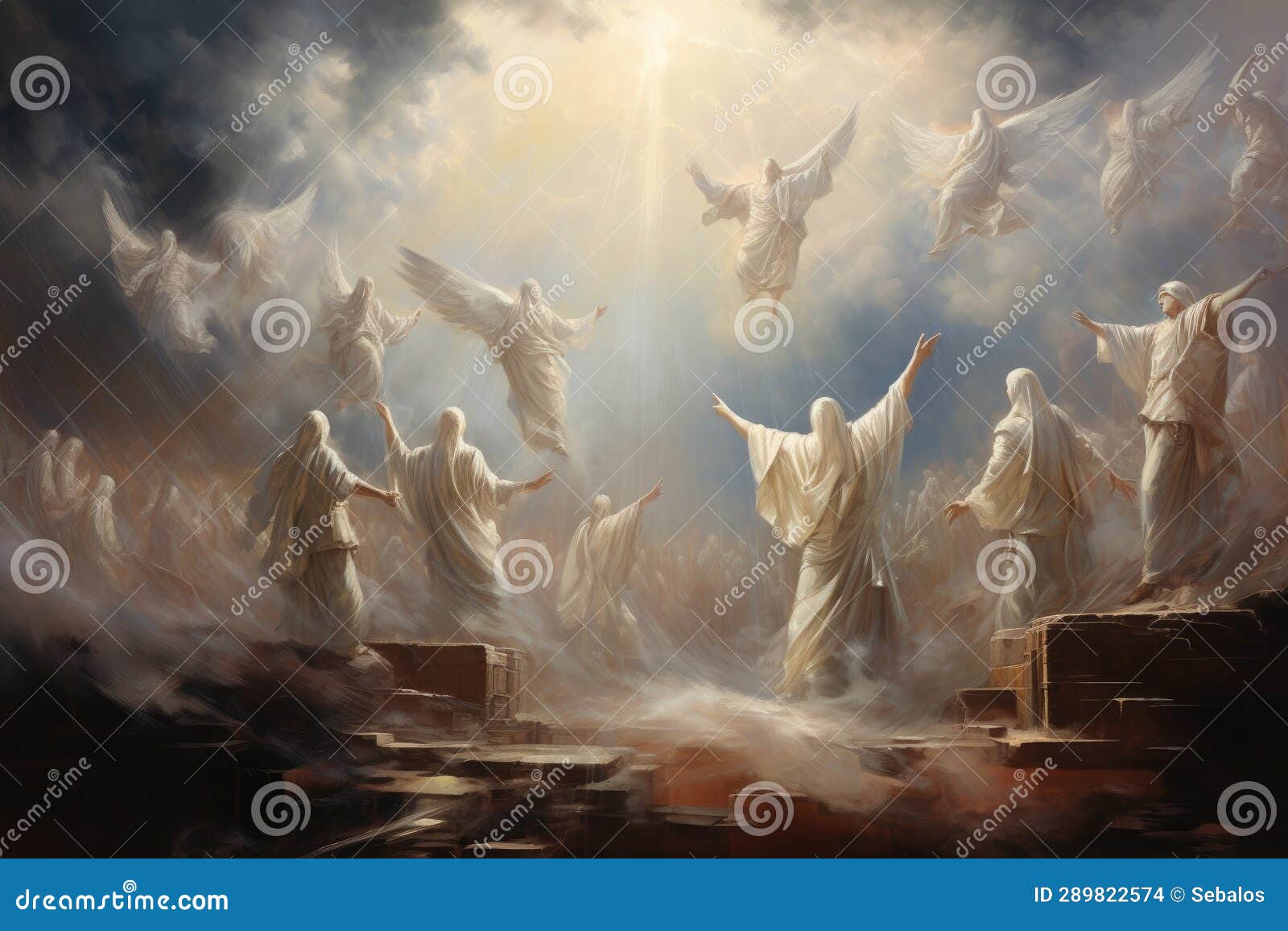 Angels and Religious Figures in a Dramatic, Heavenly Scene with Clouds ...