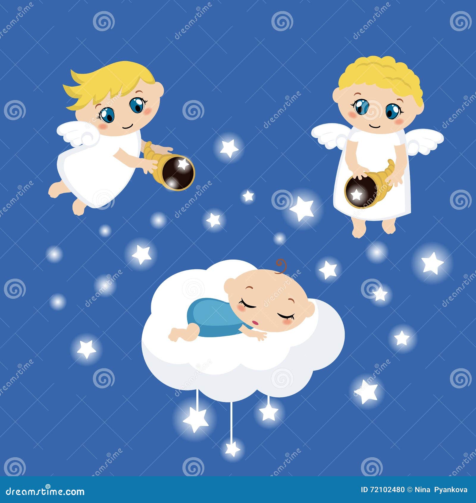 Angels With Stars And Baby Sleeping On The Cloud Vector Illustration ...