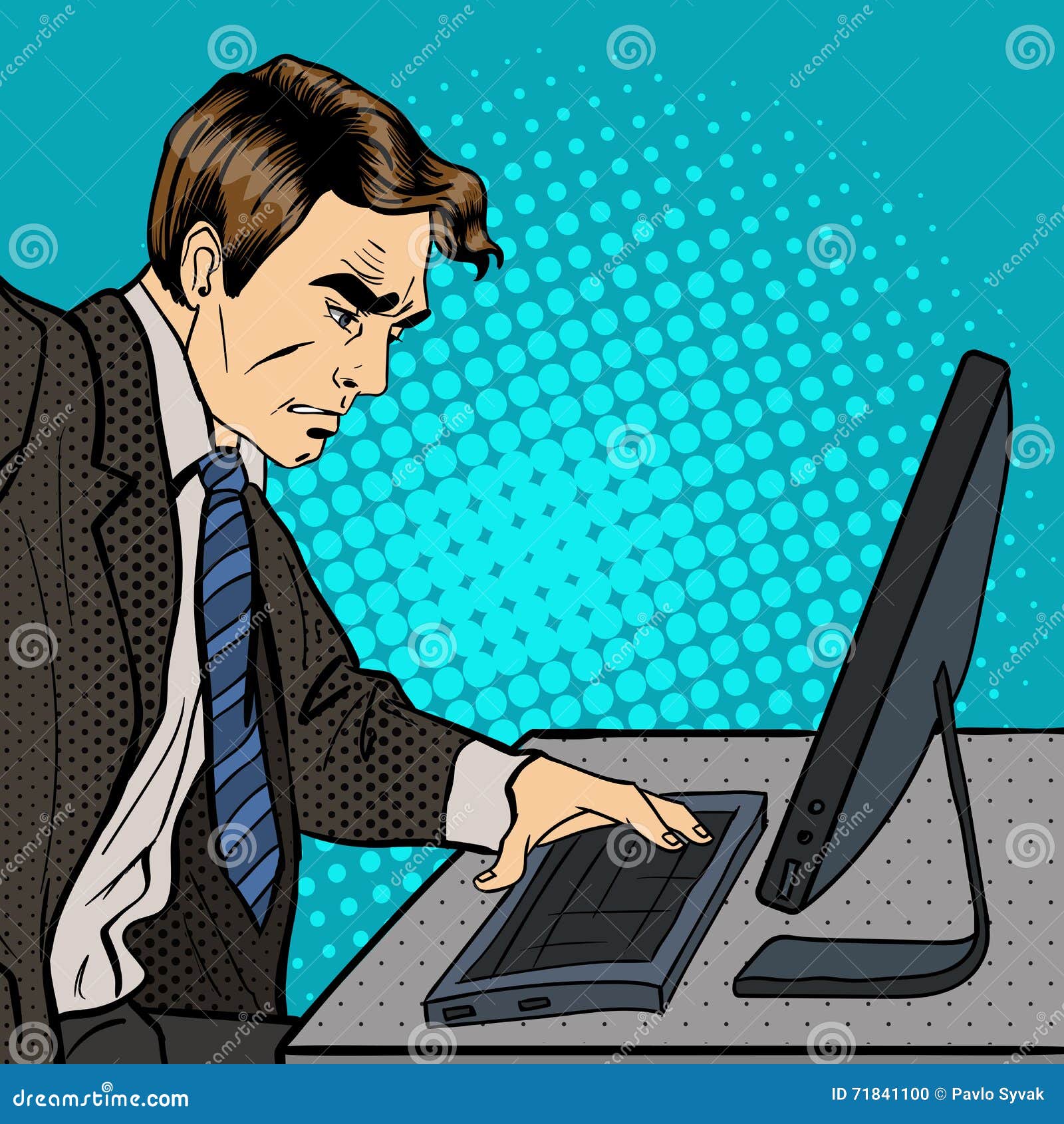 Anger Businessman Businessman Works At The Computer Pop Art Stock