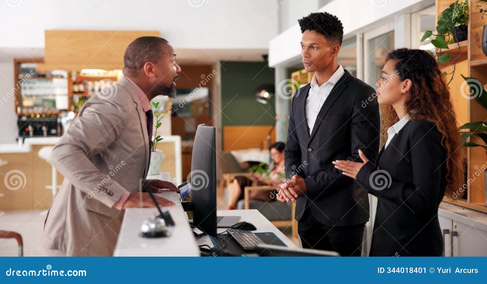 Anger, Receptionist and People at Front Desk of Hotel for Frustrated ...