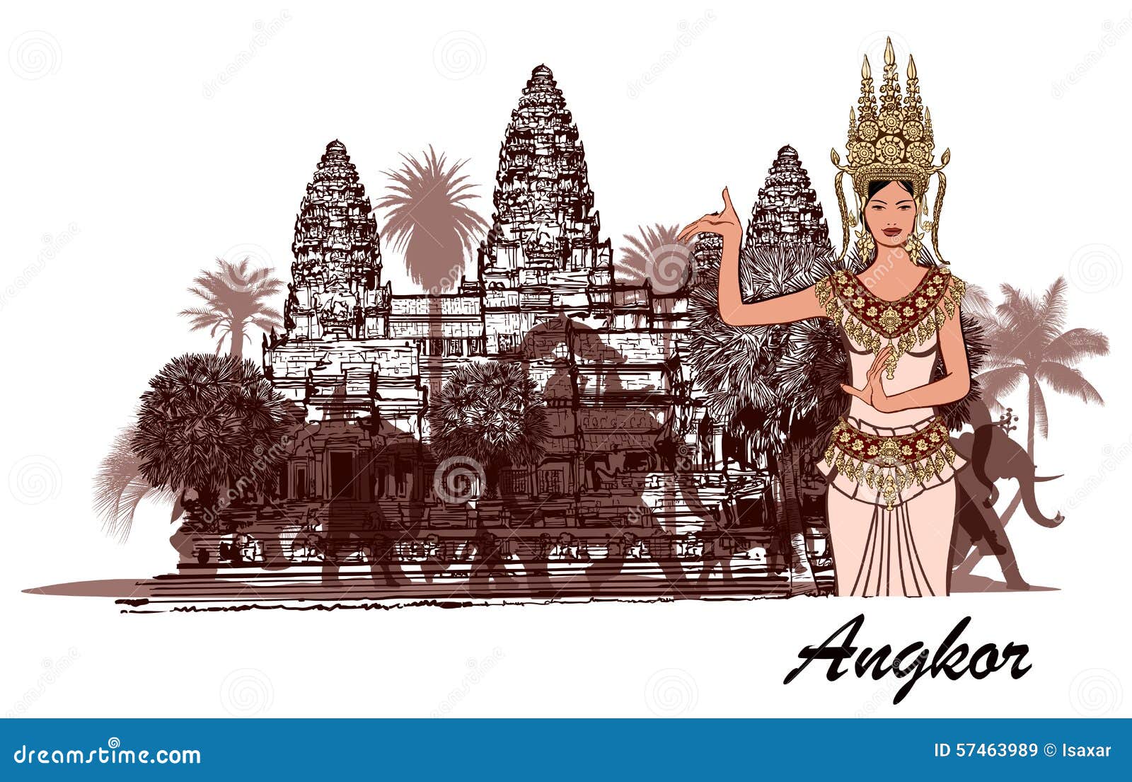 Angkor Wat with Elephants, Palm Trees and Apasara Stock Vector ...