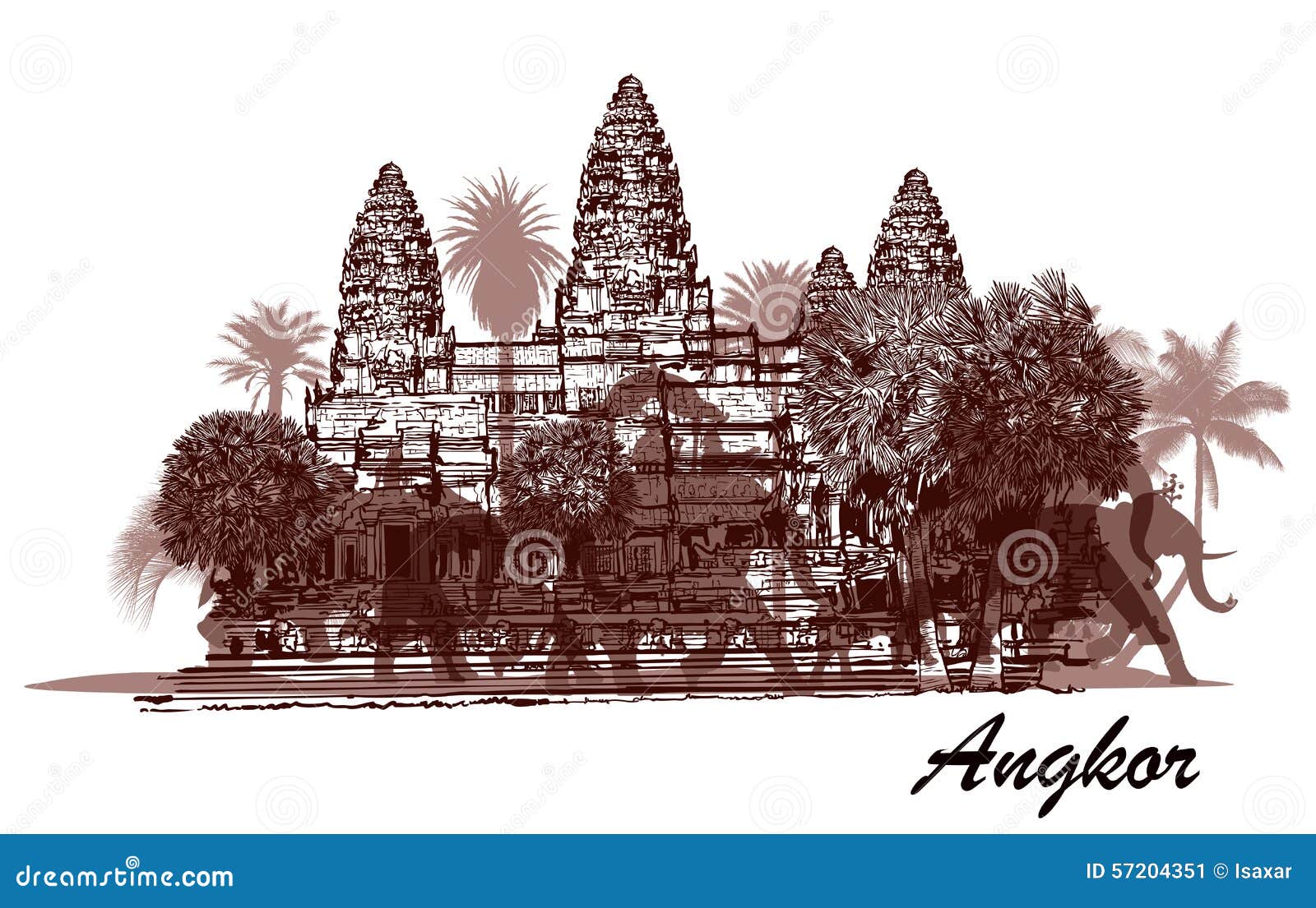 Angkor Wat with Elephants and Palm Trees Stock Vector - Illustration of ...