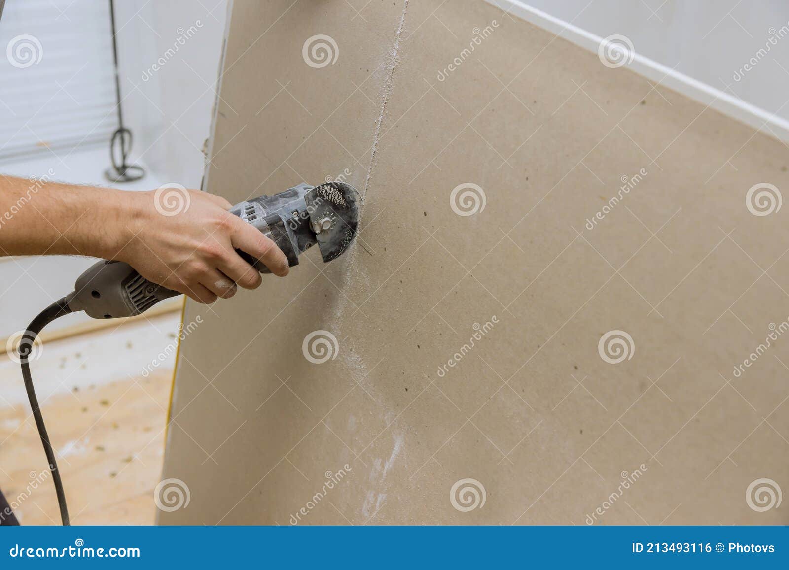 Angle Hand Electric Power Tools On Cutting Gypsum Drywall Sheet Royalty ...