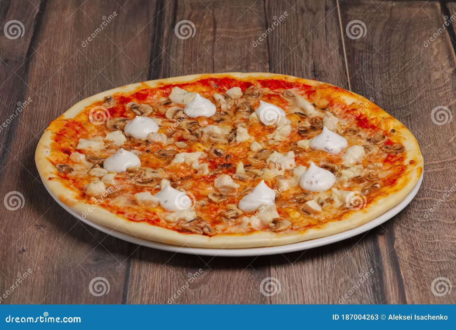 Angle Side View of Pizza with Mushrooms and Mayonnaise Sause Stock ...