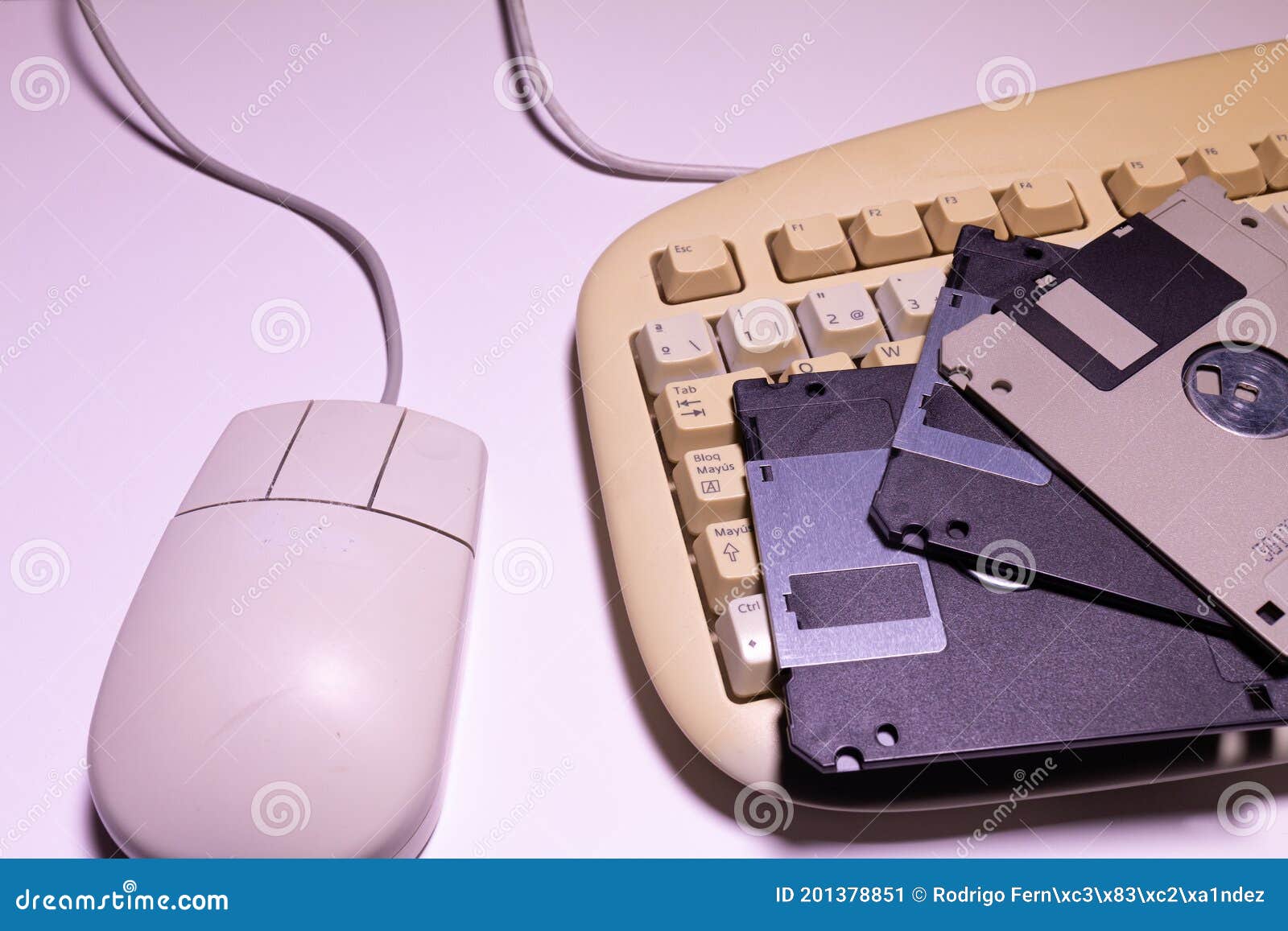 Angle Top View of an Old Computer Keyboard, a Mouse with Their Wires ...