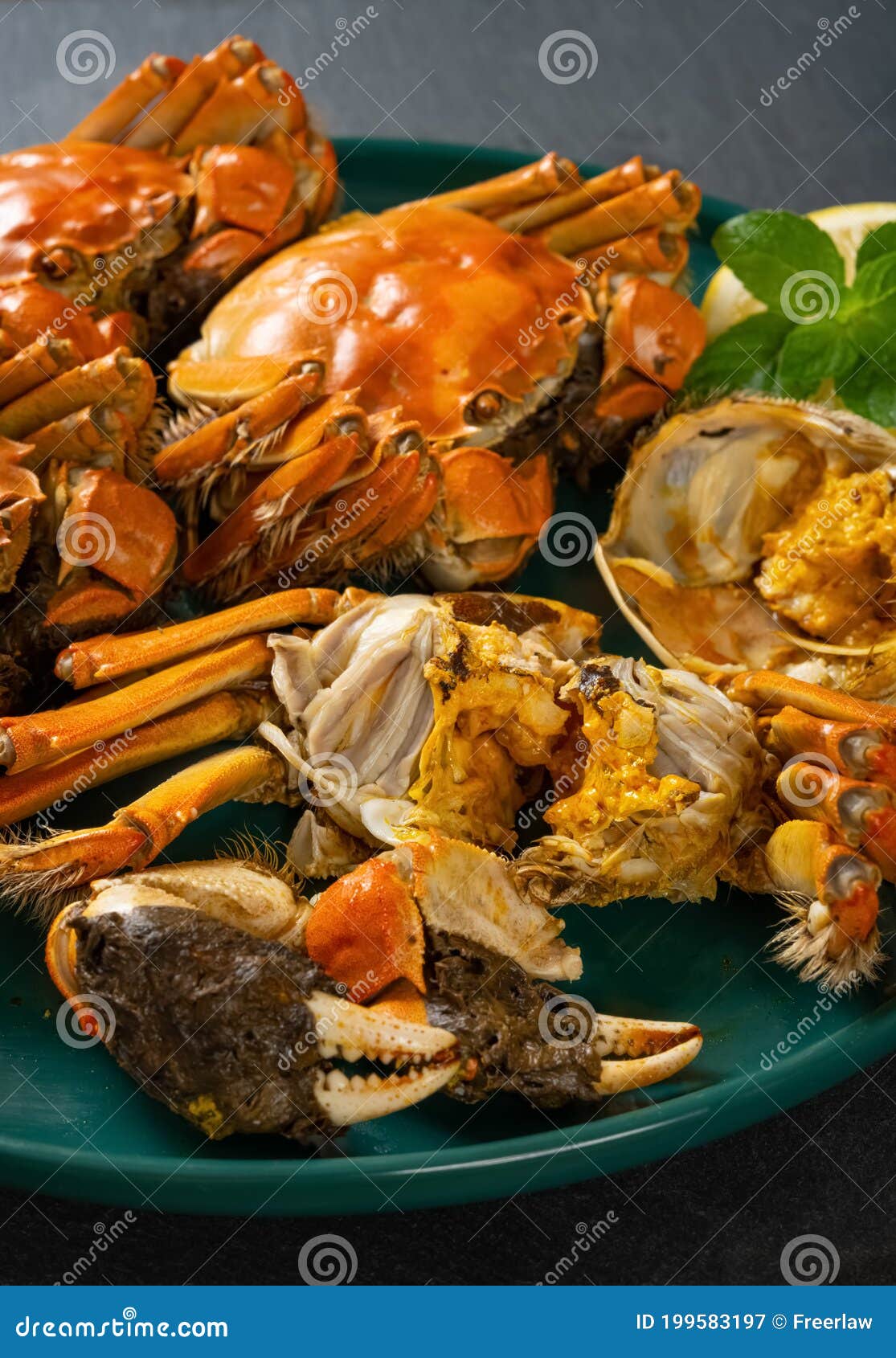 Crabs with One Opened Showing the Crab Roe and Meat Vertical ...