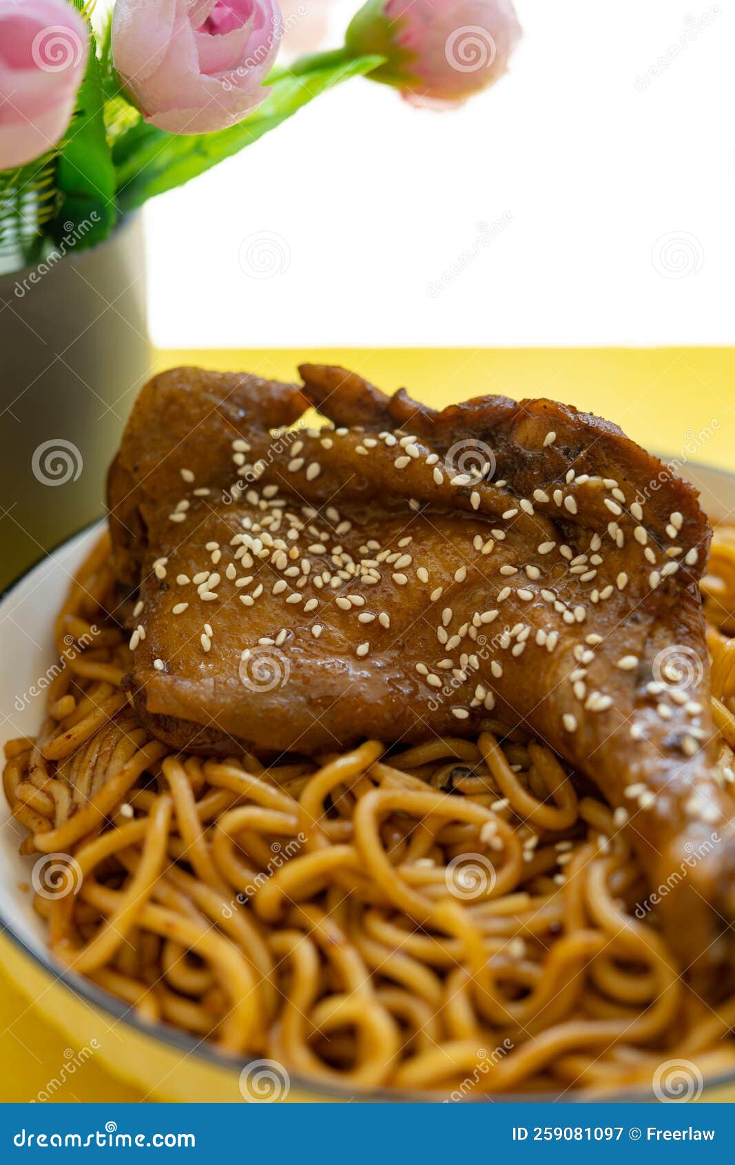 Dish of Cart Noodles with Braised Chicken Leg at Vertical Composition ...