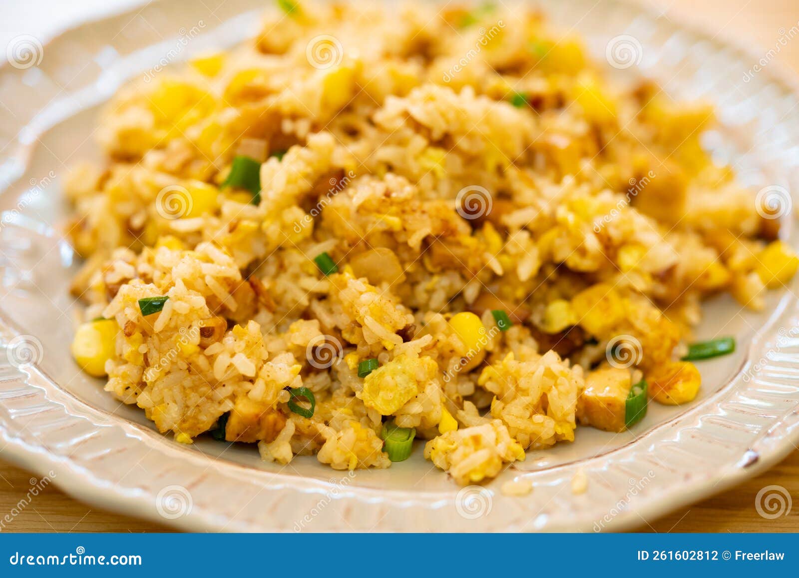 Dish of Diced Chicken and Maize and Fried Rice Stock Photo - Image of ...