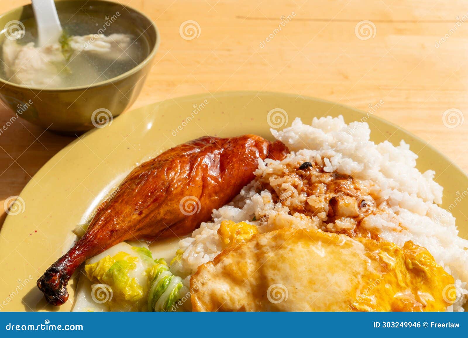 Angle View Fast Food Roasted Duck Thigh with Scrambled Egg and Cabbage ...