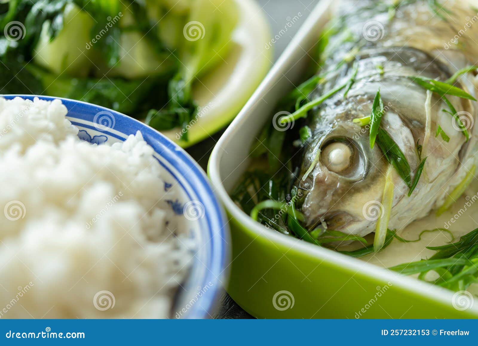 Fast Food of Steamed Fish and Vegetable and Rice at Horizontal ...