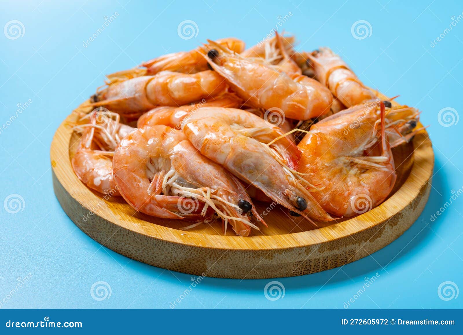 Angle View Fresh Cooked Shrimps on Blue Stock Photo - Image of healthy ...
