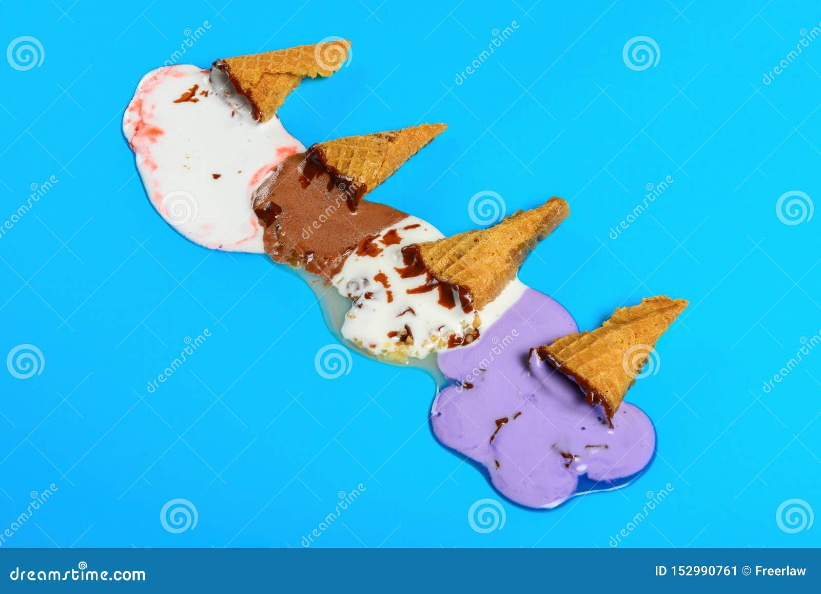 Multiple Flavor Ice Cream Cones In Melting Process On Yellow Background ...