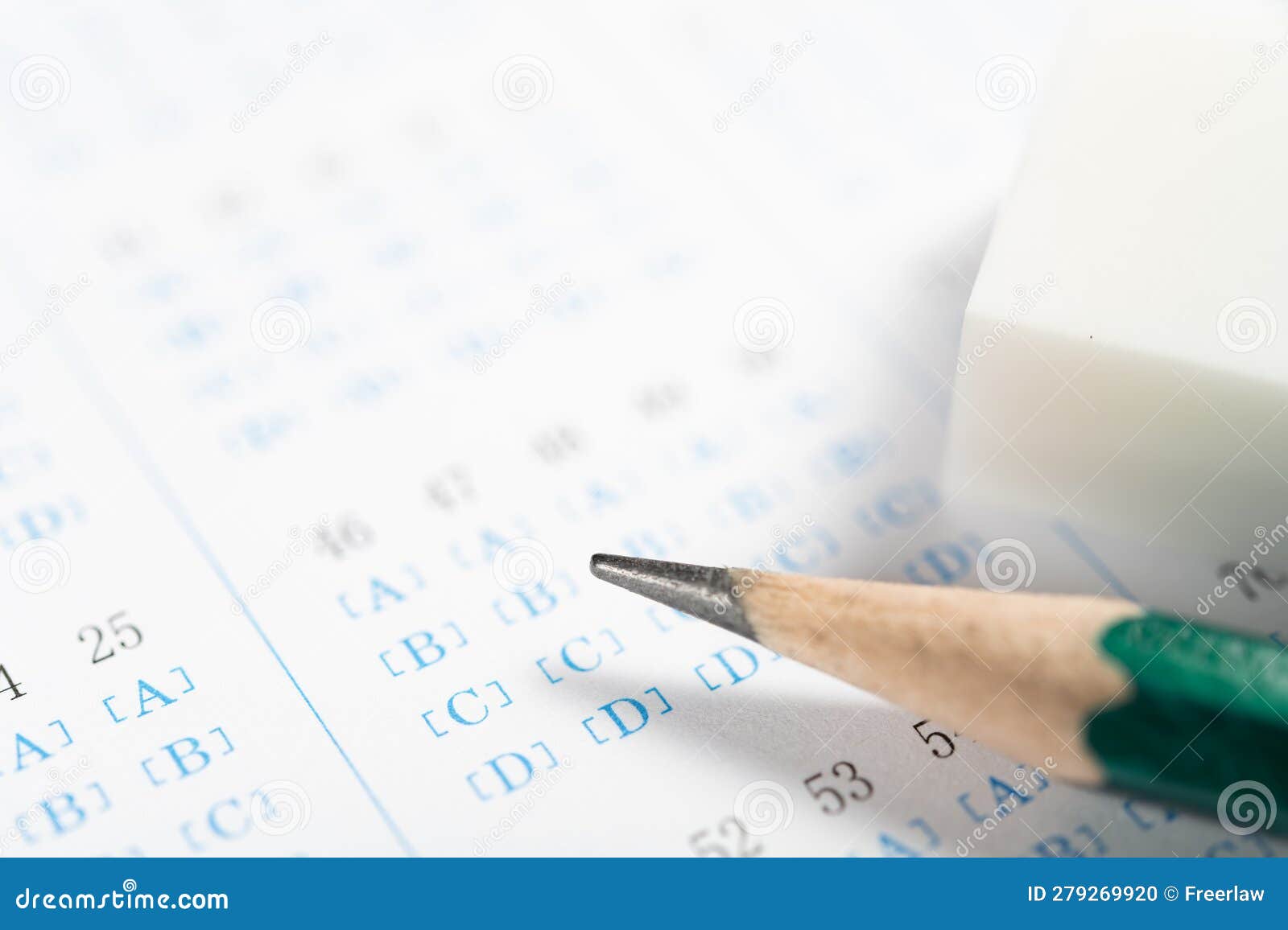 Test Score Sheet and Pencil and Eraser Close Up Horizontal Composition ...