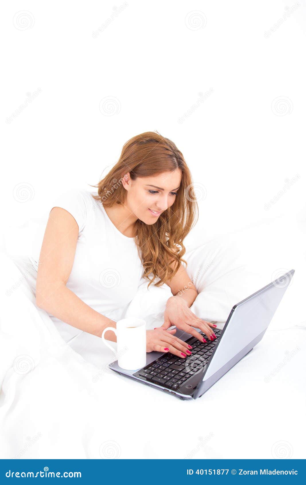 Angle View of Woman Using Laptop Computer in Bed Stock Image - Image of ...