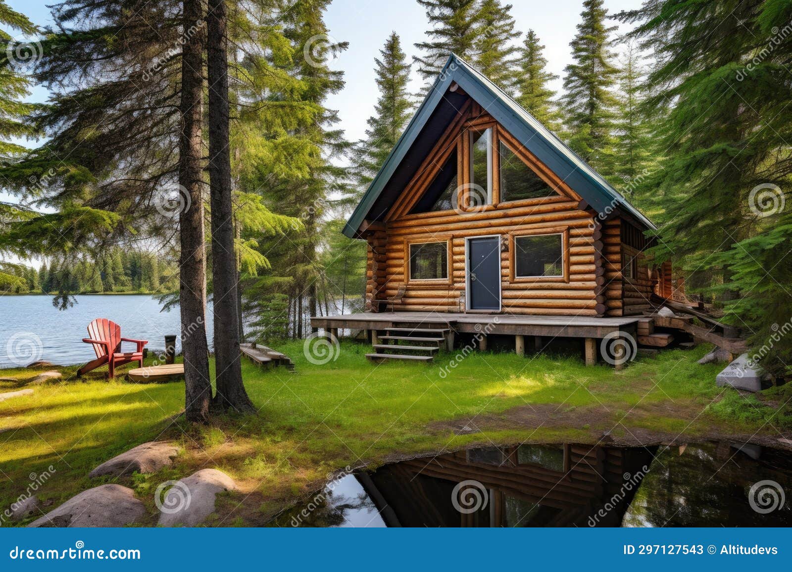 Angled Sight of a Log Cabin Surrounded by Towering Pine Trees Stock ...