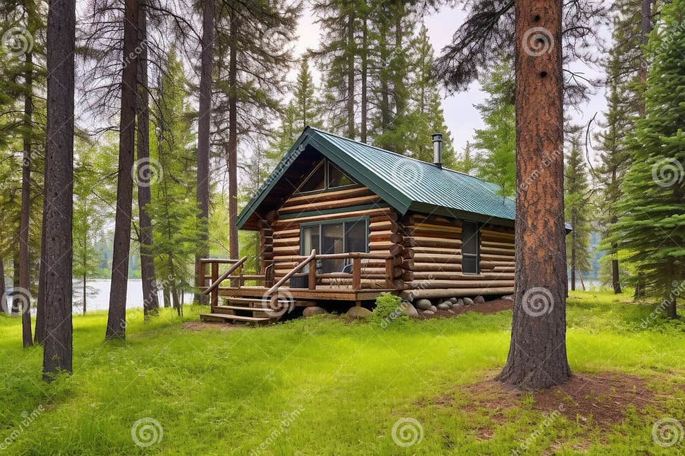Angled Sight of a Log Cabin Surrounded by Towering Pine Trees Stock ...