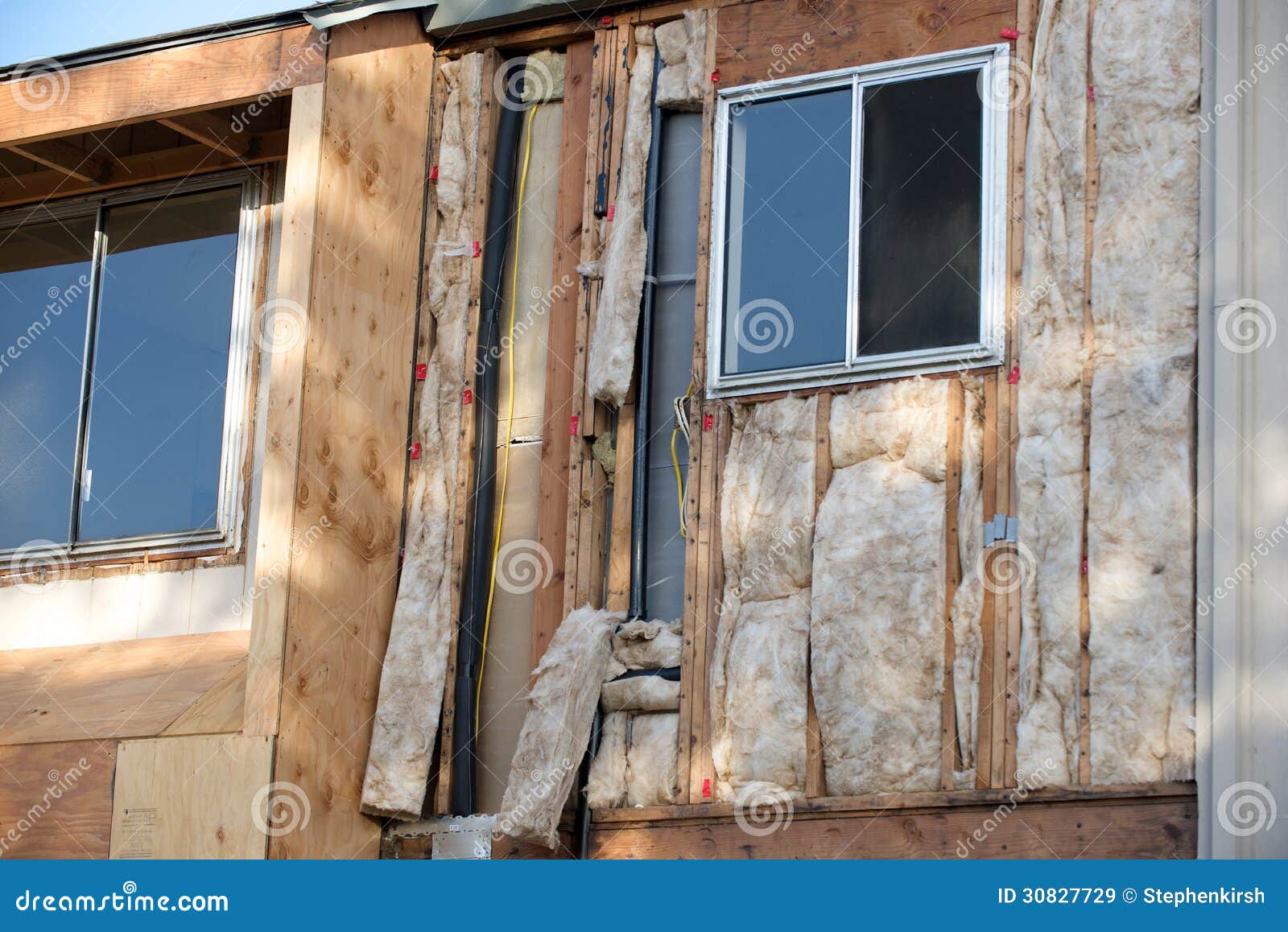 Angled View Two Windows Under Construction with Framework Stock Image ...