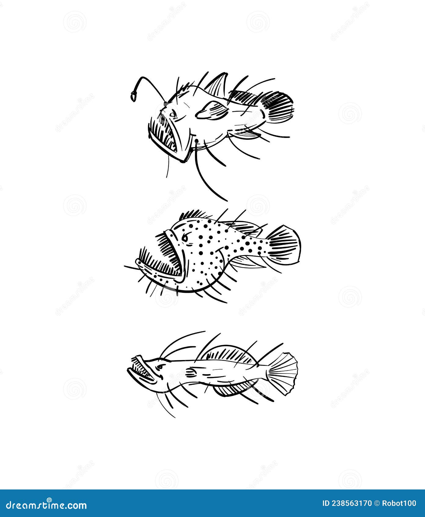 Angler Deep Sea Fish Hand Drawing Set. Vector Illustration Stock Vector ...