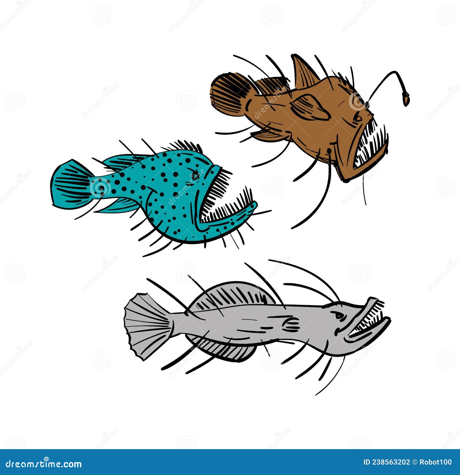 Angler Deep Sea Fish Hand Drawing Set. Vector Illustration Stock Vector ...