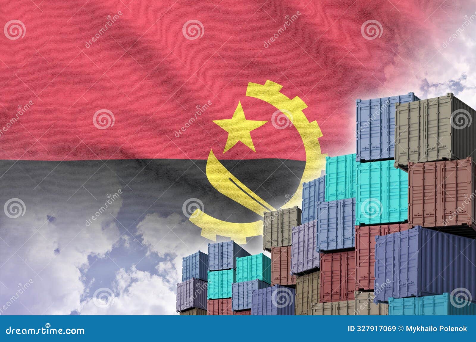 Angola Flag and Big Stack of Shipping Cargo Containers in Docks with ...
