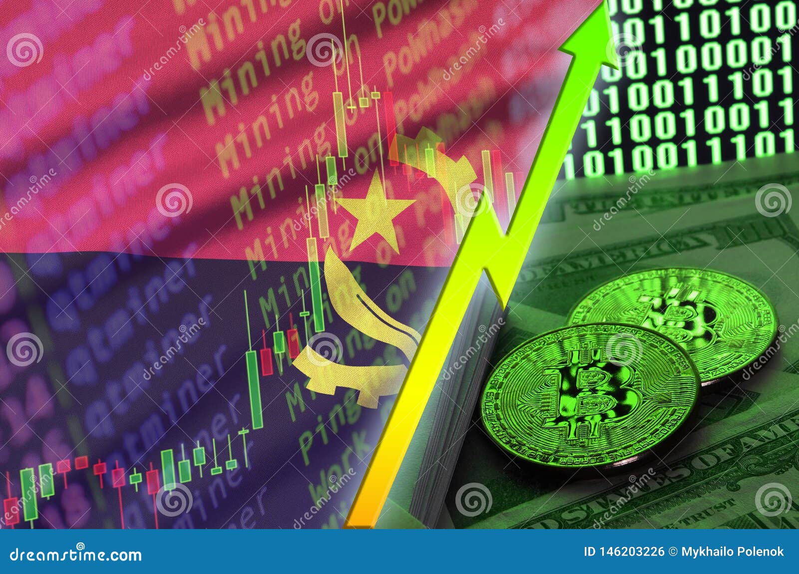 Angola Flag and Cryptocurrency Growing Trend with Two Bitcoins on ...