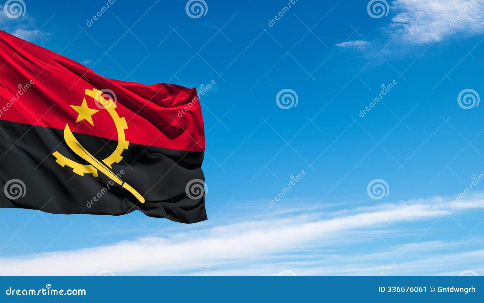 Angola Flag Waving with Blue Sky on Background and Space for Copy or ...